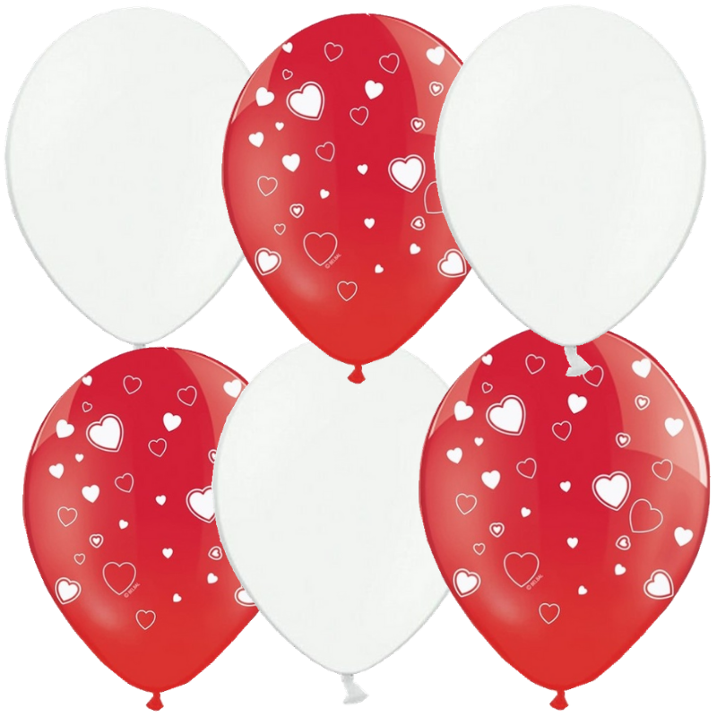 BALONKY MIX Bílá srdíčka, červené balonky 6ks - MojeParty.cz