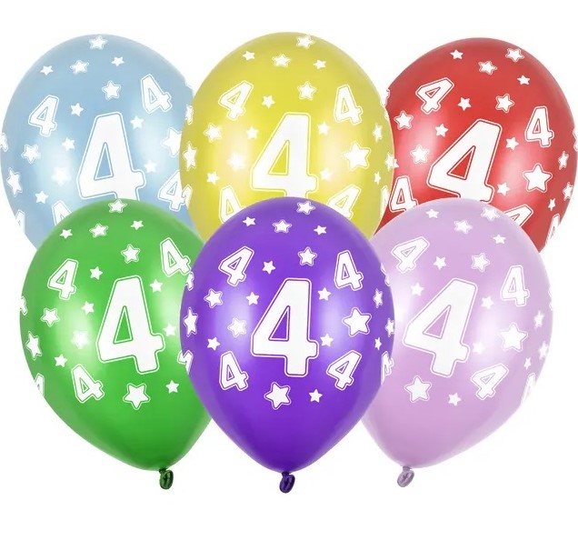 Balónek latexový metalický s číslem 4 mix barev 30 cm 1 ks - MojeParty.cz